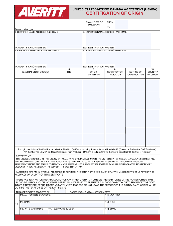 Download A Free USMCA Certificate of Origin Document | Averitt